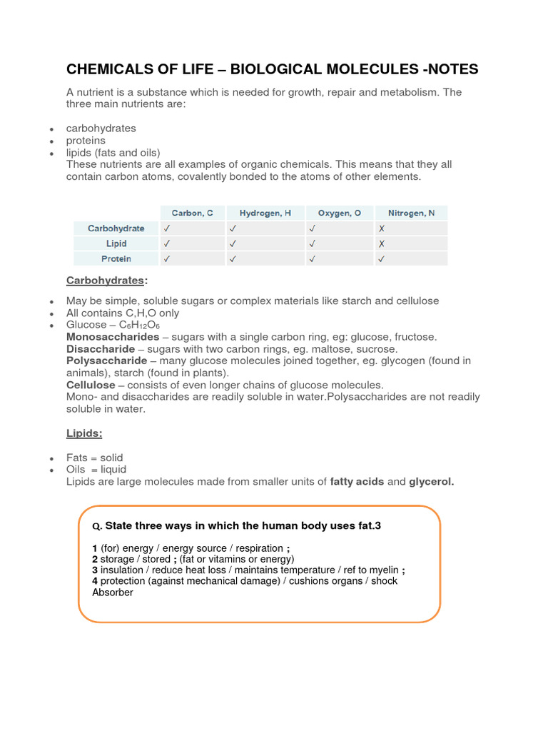 Chemicals of Life - Notes | PDF | Glucose | Carbohydrates