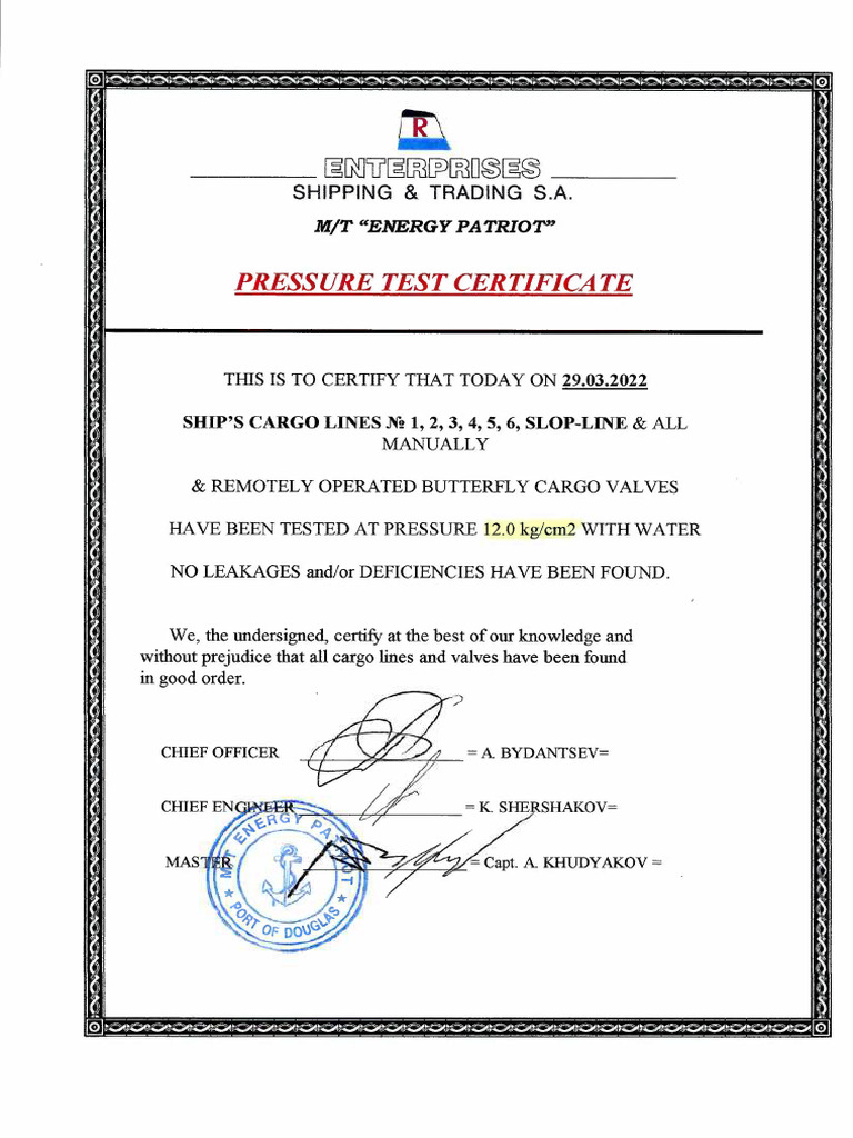 Cargo Line Pressure Test Certificate 29.03.2022 | PDF