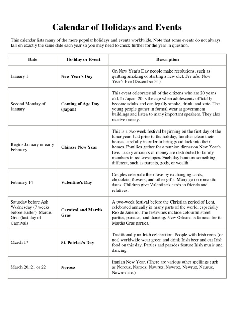 Global Holidays and Events Calendar | PDF | Hajj | Festival