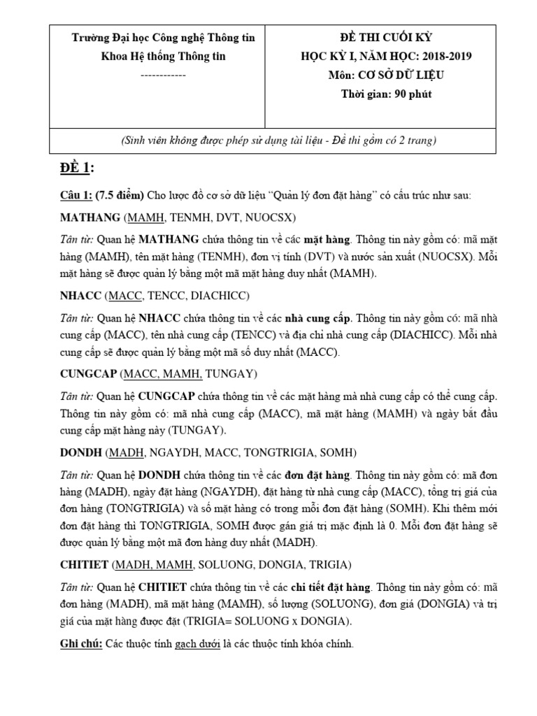 DE THI CUOI KY - CSDL - HK1 - 2018 - 2019 - Final | PDF