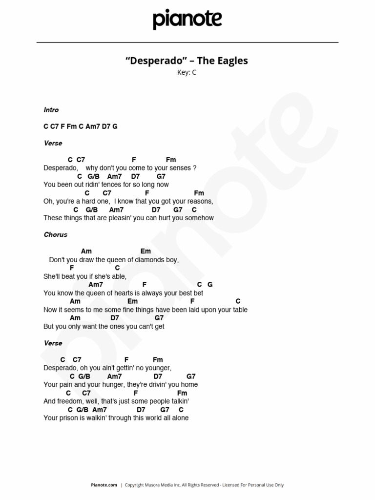 Desperado - The Eagles Key of C | PDF