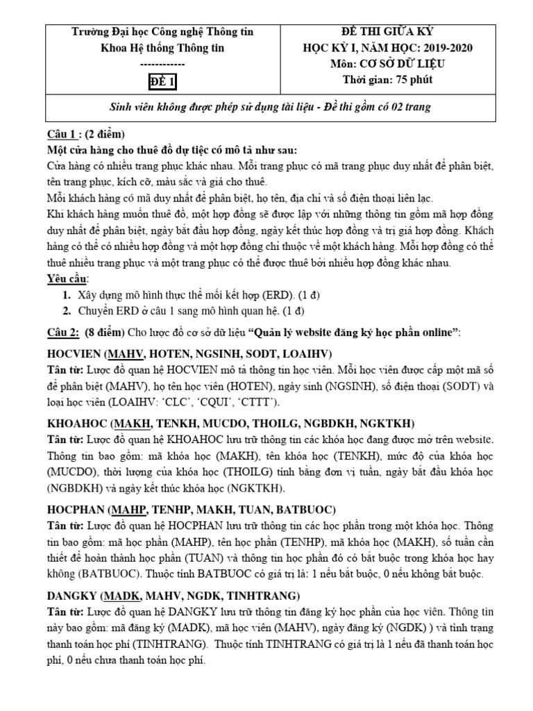 De Thi Giua Ky CSDL Hk1 2019 2020 in | PDF