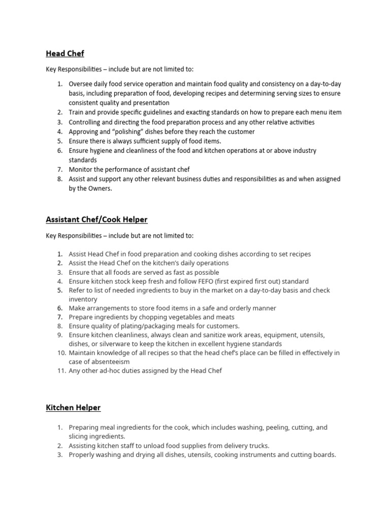Job Responsibilities | PDF | Chef | Kitchen