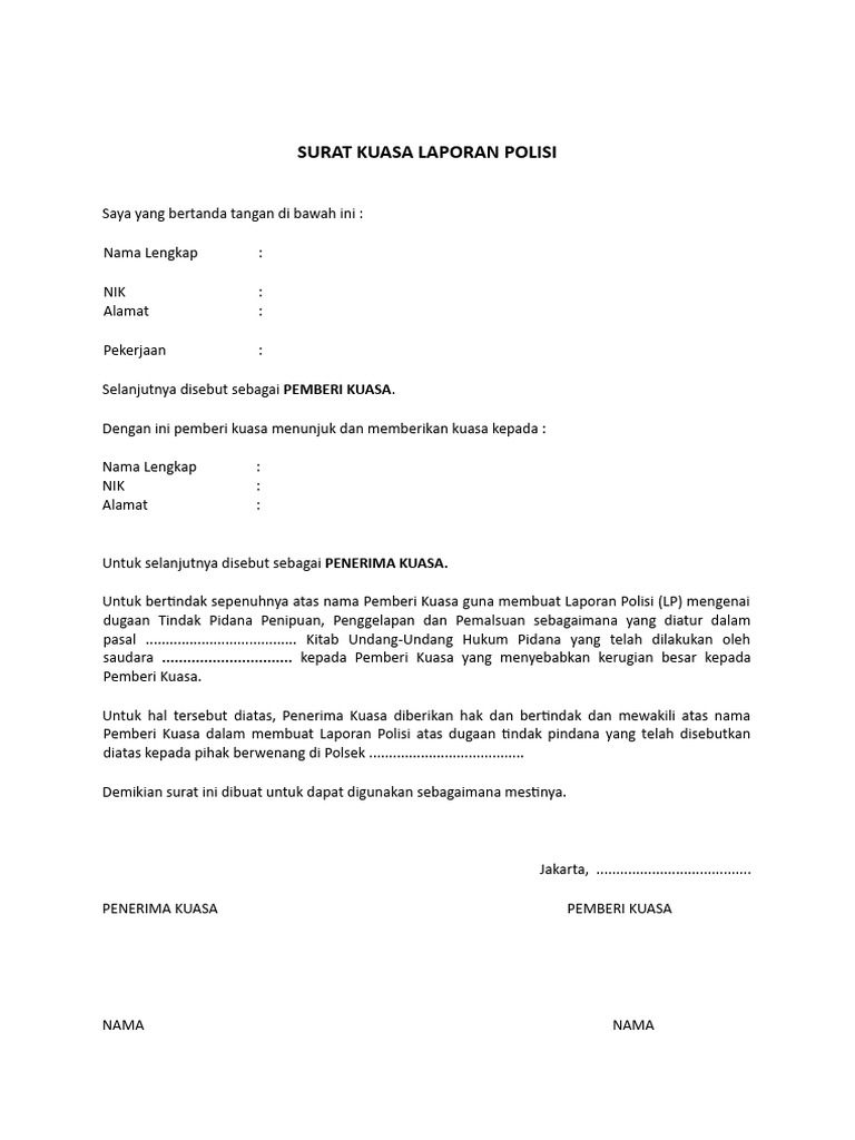 Surat Kuasa Laporan Polisi Penggelapan | PDF