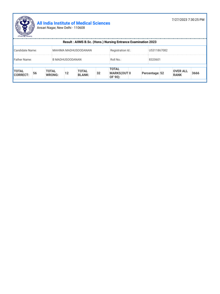 Aiims BSC H Nursing Result 2023 PDF