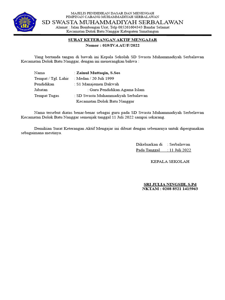 Surat Keterangan Aktif Mengajar Guru PAUD | PDF