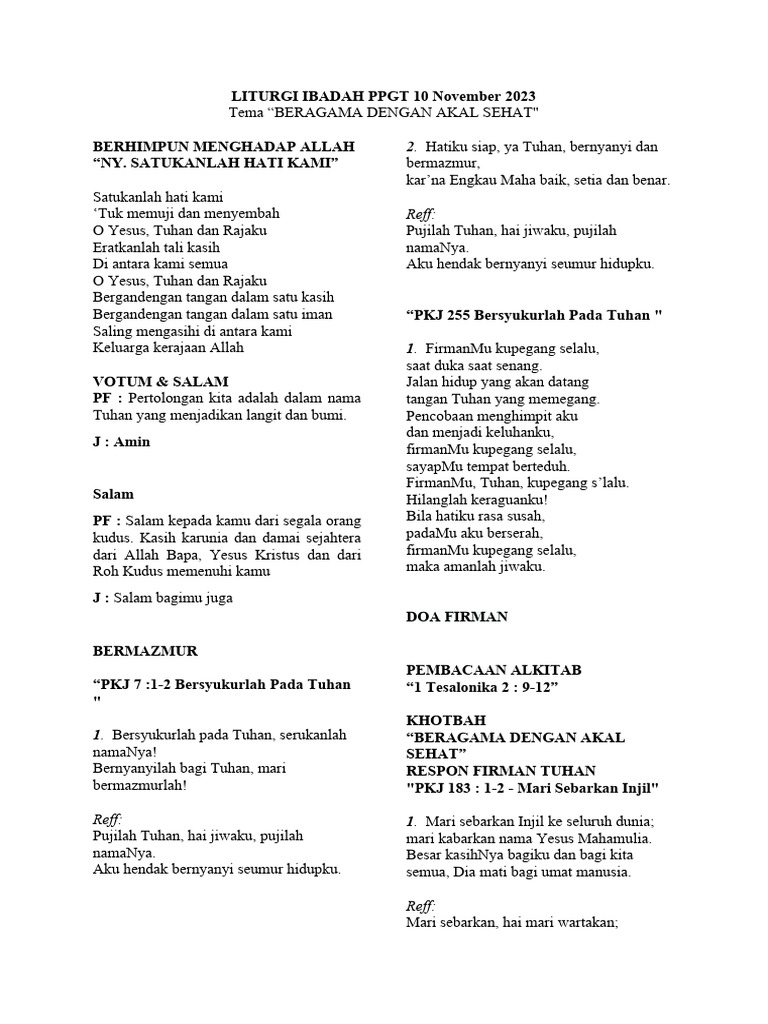 Liturgi Ibadah PPGT 10 Nov 2023 | PDF