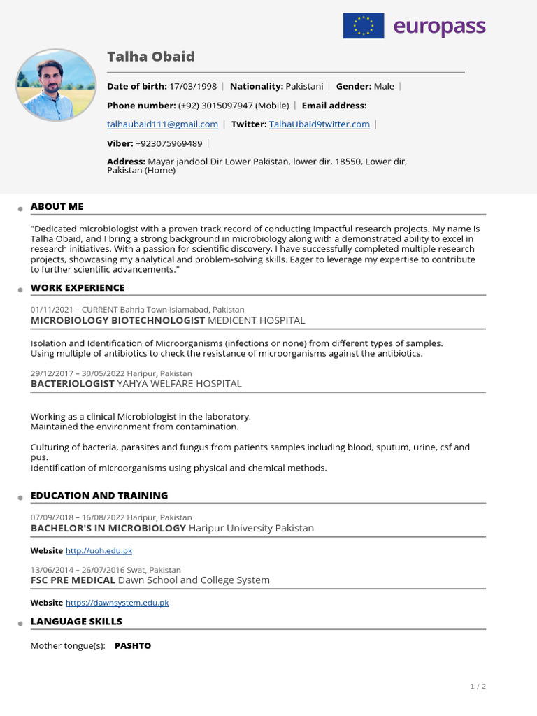 Europass CV - Talha Obaid | PDF | Antimicrobial Resistance | Microbiota