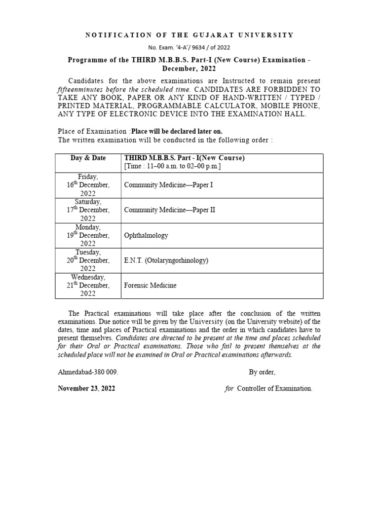 Third MBBS Part-I (New Course) (Revised Time) Dt. 16-12-2022.. | PDF