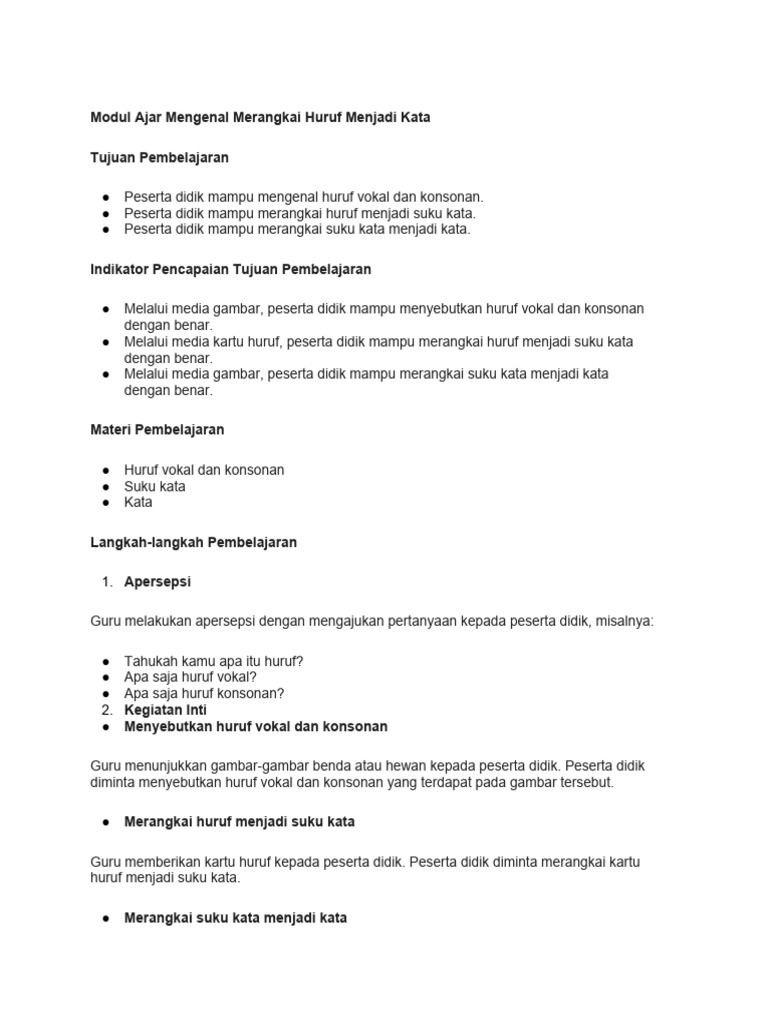 Modul Ajar Mengenal Merangkai Huruf Menjadi Kata | PDF
