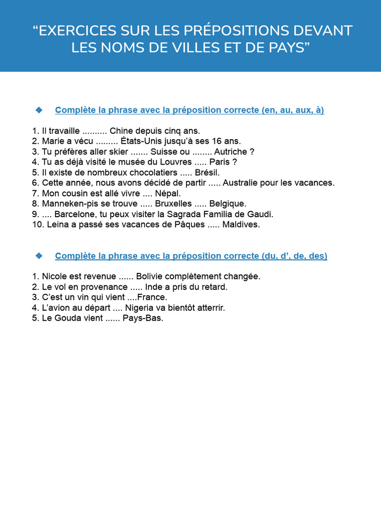 Exercices Prépositions Pays Villes - Fiche PDF | PDF | Échecs