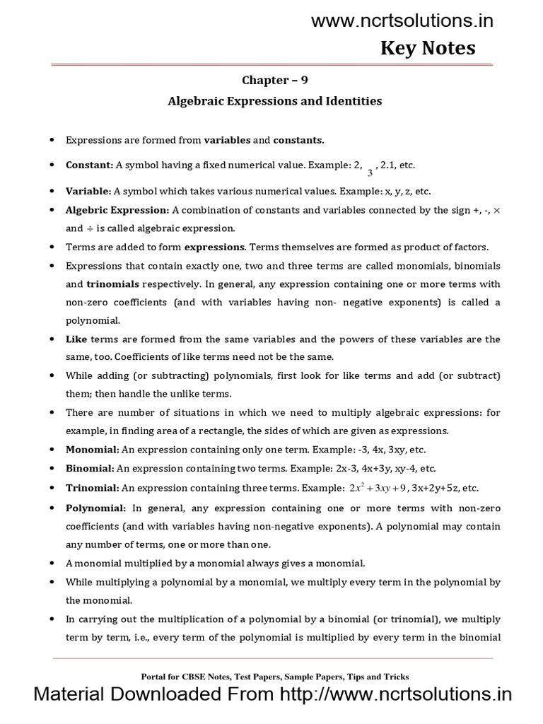08 Maths Key Notes CH 09 Algebraic Expressions and Identities | PDF ... 08 Maths Key Notes CH 09 Algebraic Expressions and Identities | PDF ...