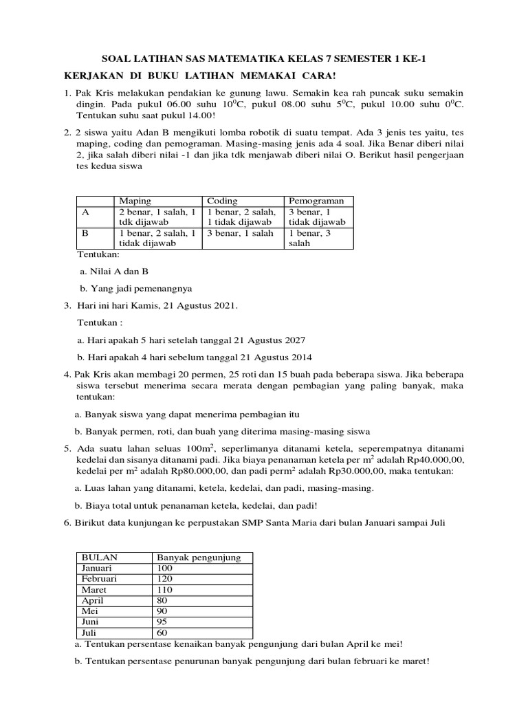 Soal Latihan Sas Matematika Kelas 7 Semester 1 Ke-1 | PDF