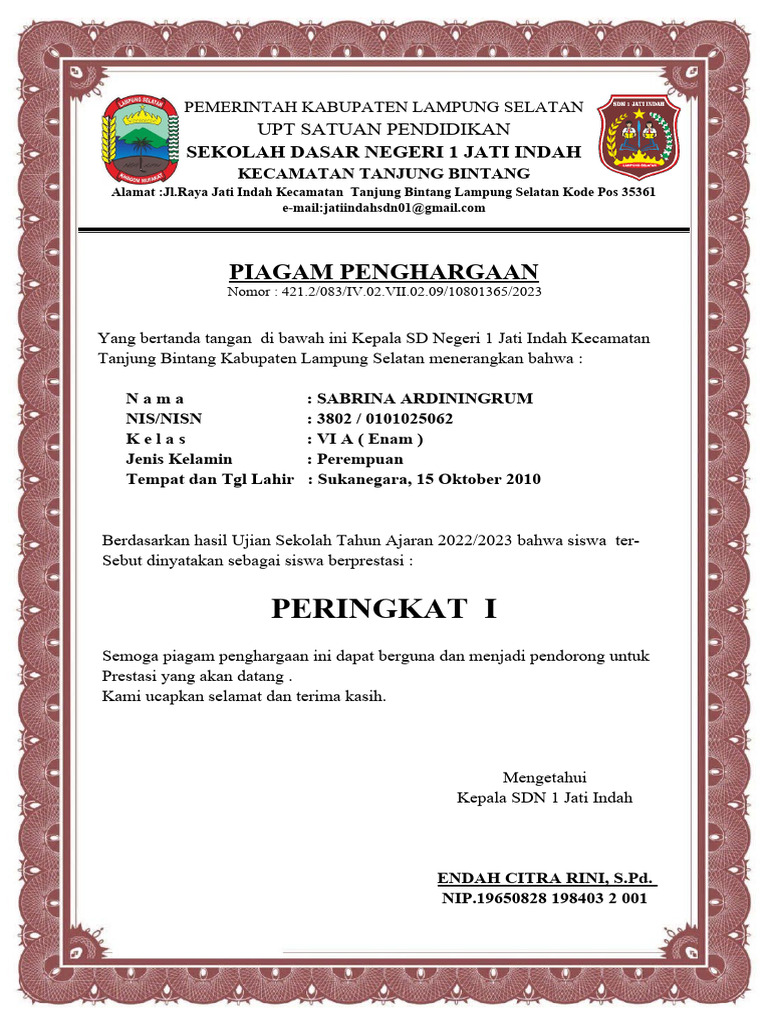 Piagam Siswa Berprestasi Belajar | PDF