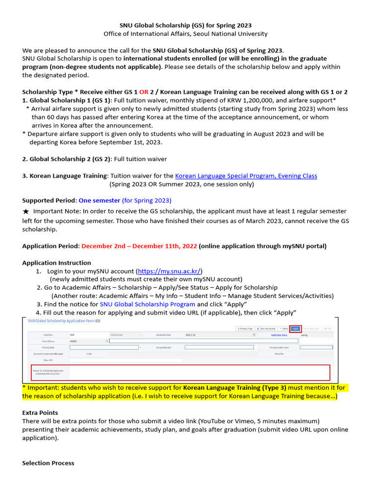 SNU Global Scholarship (GS) For Spring 2023 | PDF | Science & Mathematics