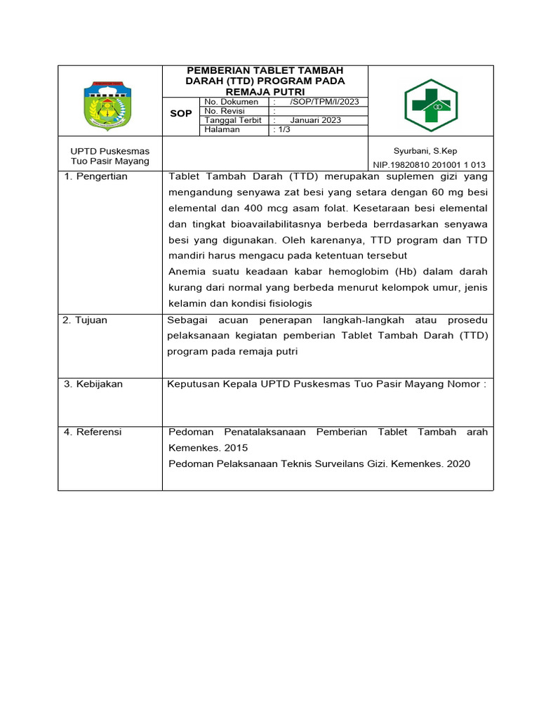 SOP Pemberian TTD untuk Remaja Putri | PDF
