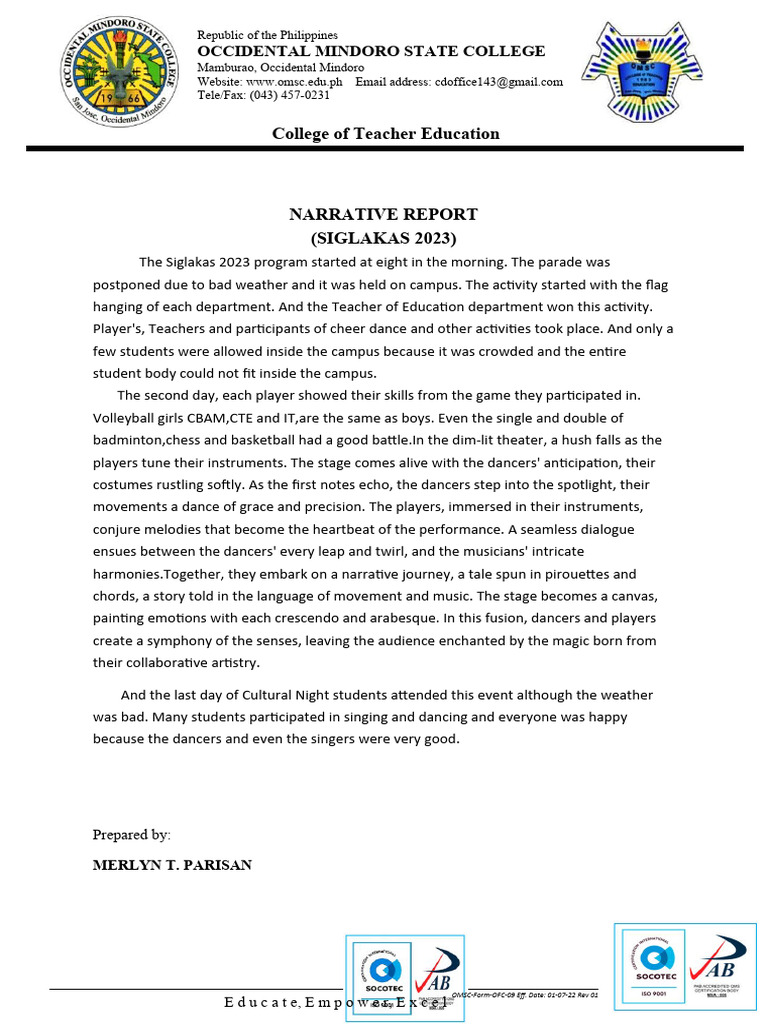 Narrative Report Format | PDF | Entertainment | Performing Arts