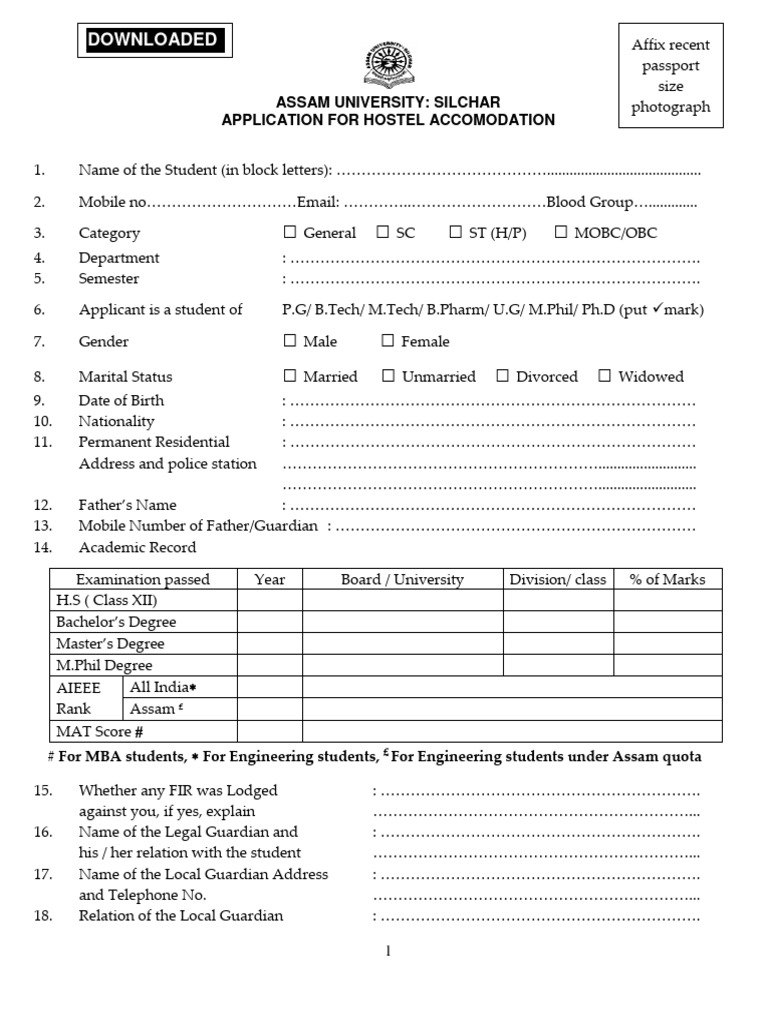 Hostel Acomodation Form New | PDF | Justice | Crime & Violence