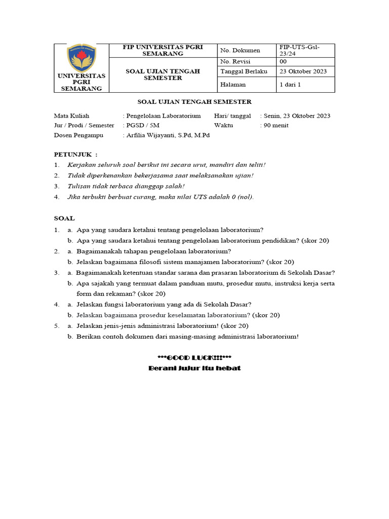 Soal Uts Pengelolaan Laboratorium - 23 Okt 2022 | PDF