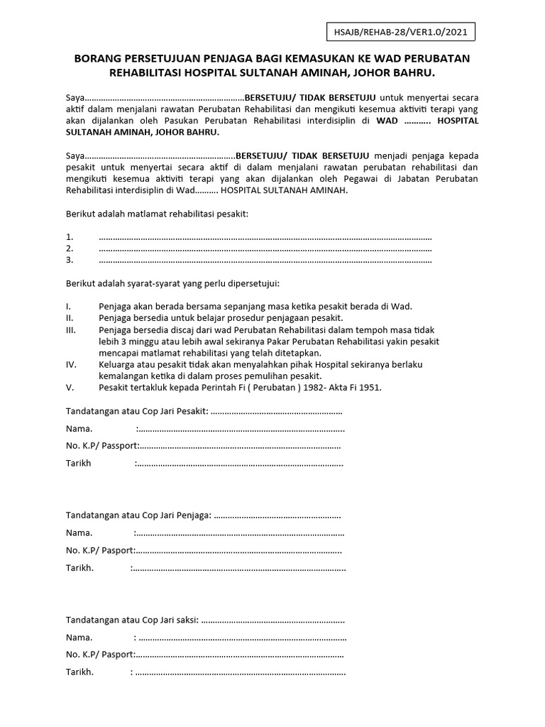 Borang Persetujuan Penjaga Bagi Kemasukan Ke Wad Perubatan Rehabilitasi | PDF | Pengembangan ...