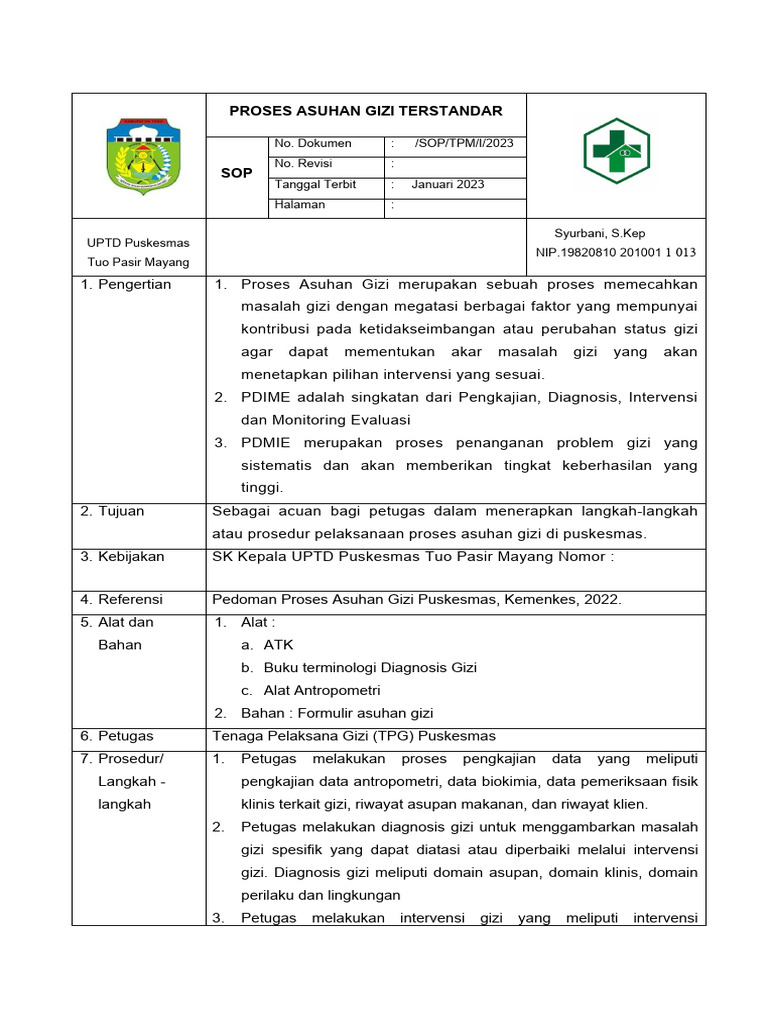 15.sop Proses Asuhan Gizi Terstandar | PDF