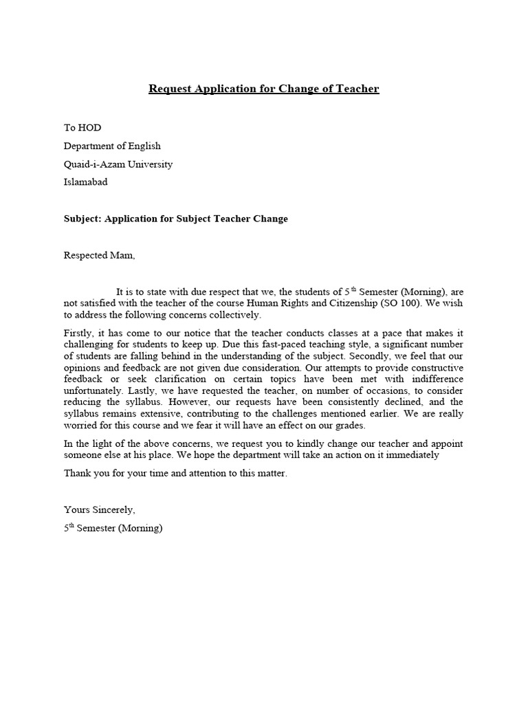 Request for Change of Subject Teacher | PDF