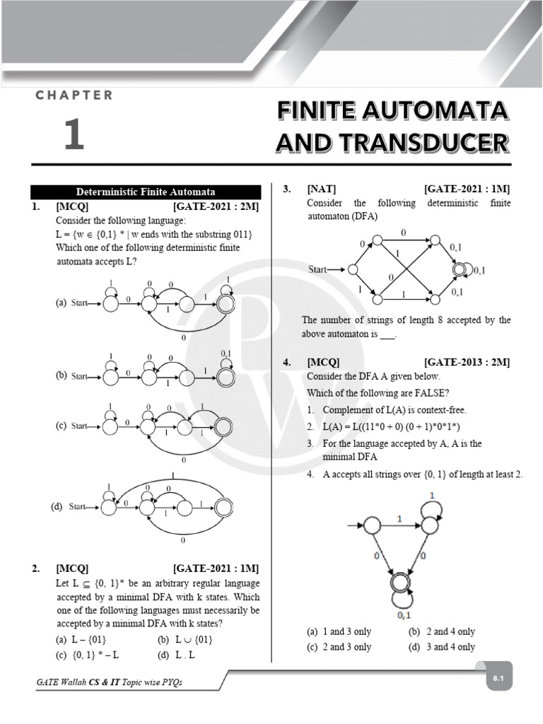 Deterministic Finite Automata: 1. (MCQ) (GATE-2021: 2M) 3. (NAT) (GATE-2021: 1M) | Download Free ...