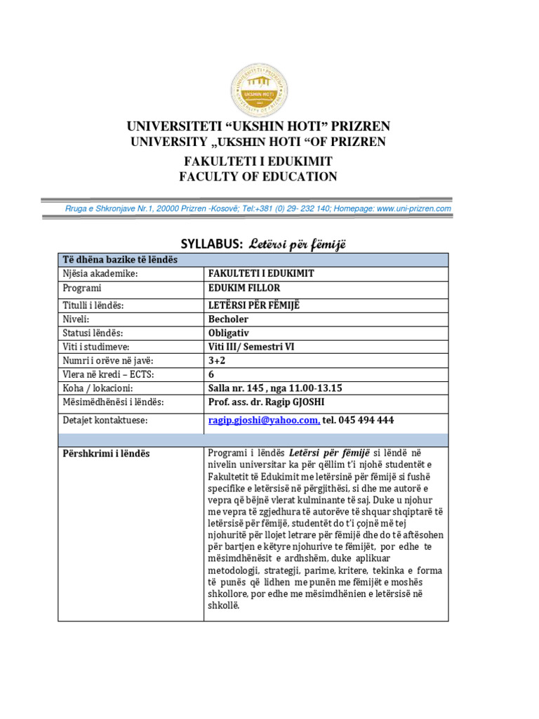 1.SYLLABUS-Letërsi Për Fëmijë - Fillor III 464160 | PDF