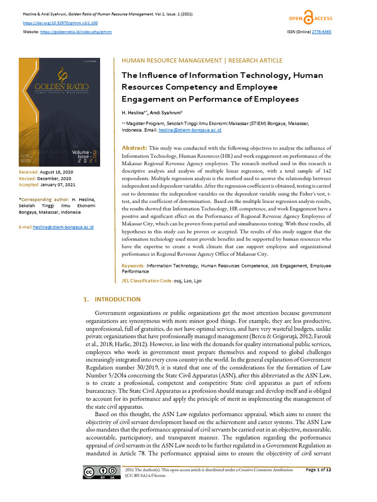 The Influence of Information Technology, Human Resources Competency and Employee Engagement On ...