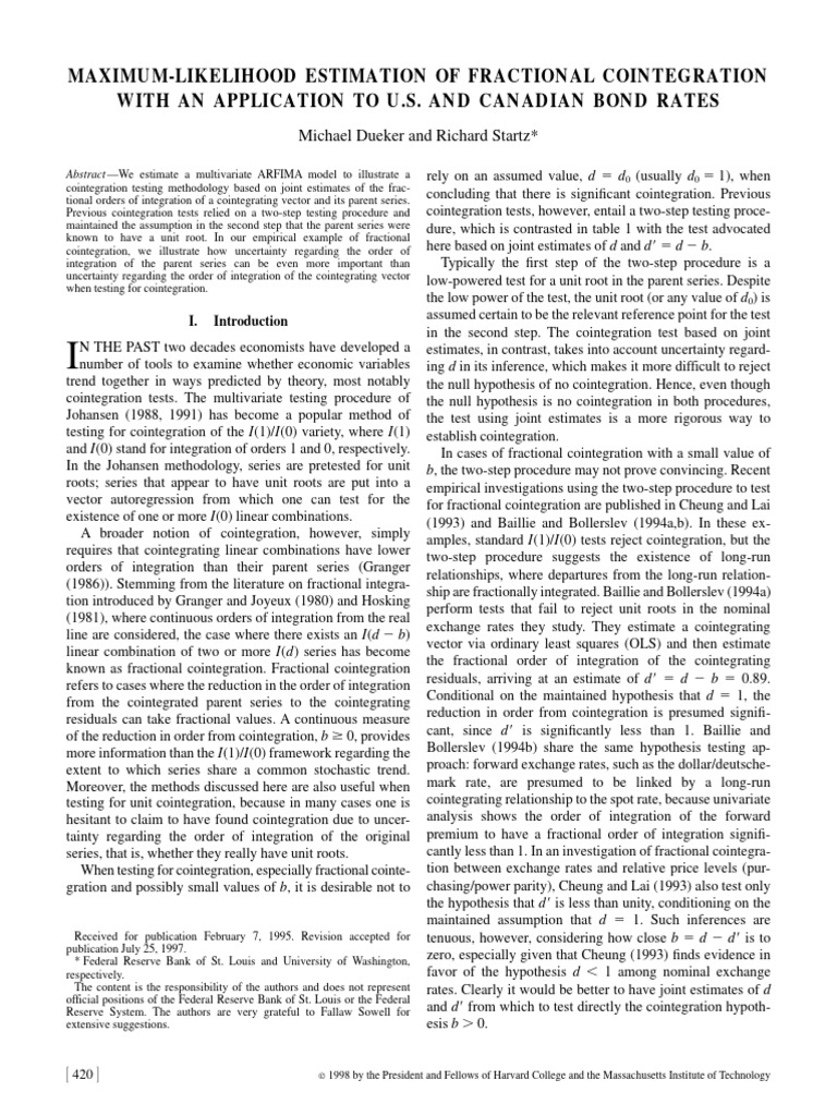 Dueker MAXIMUM-LIKELIHOOD ESTIMATION OF FRACTIONAL COINTEGRATION | PDF | Errors And Residuals ...