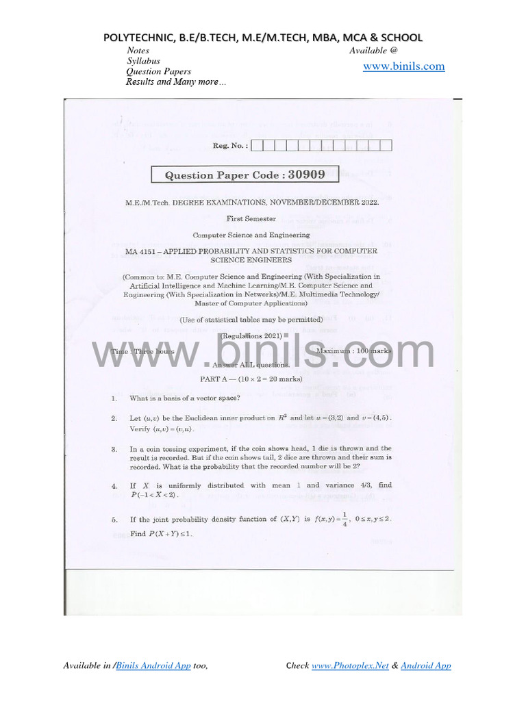 MA 4151 Applied Probability and Statistics For Computer Science Engineers Old Question Paper | PDF