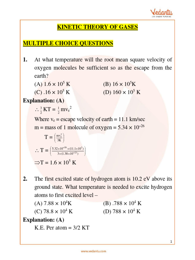 JEE Main Kinetic Theory of Gases Important Questions - Free PDF ...