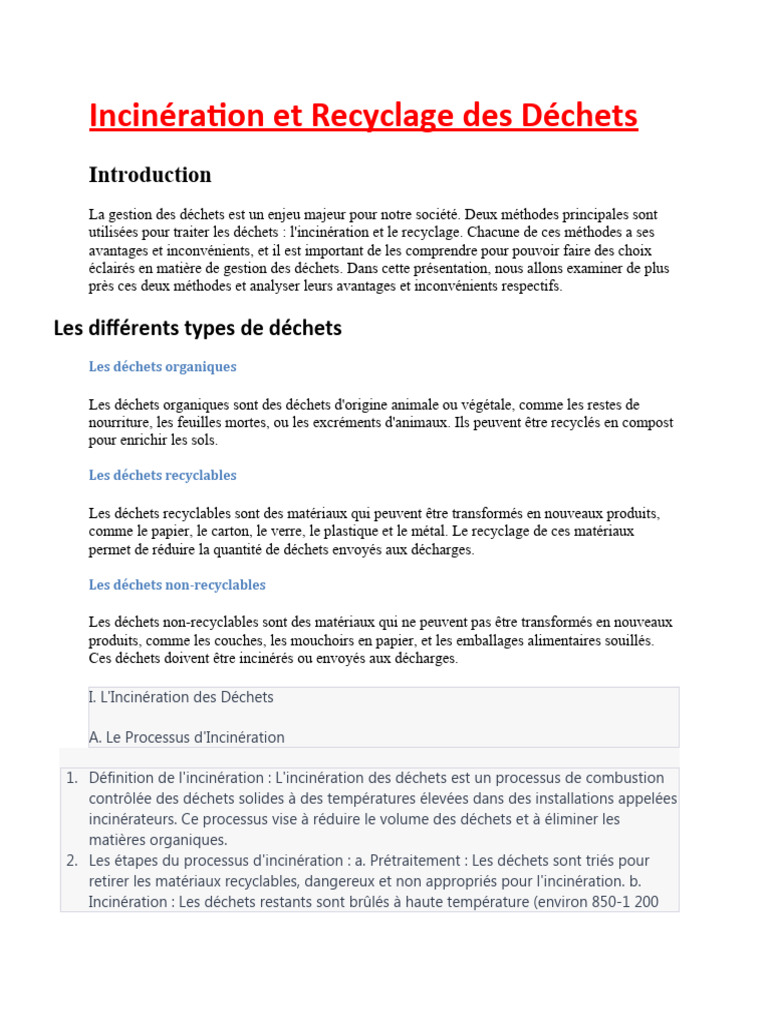 Avantages et Inconvénients: Incinération vs Recyclage | PDF | Gestion ...