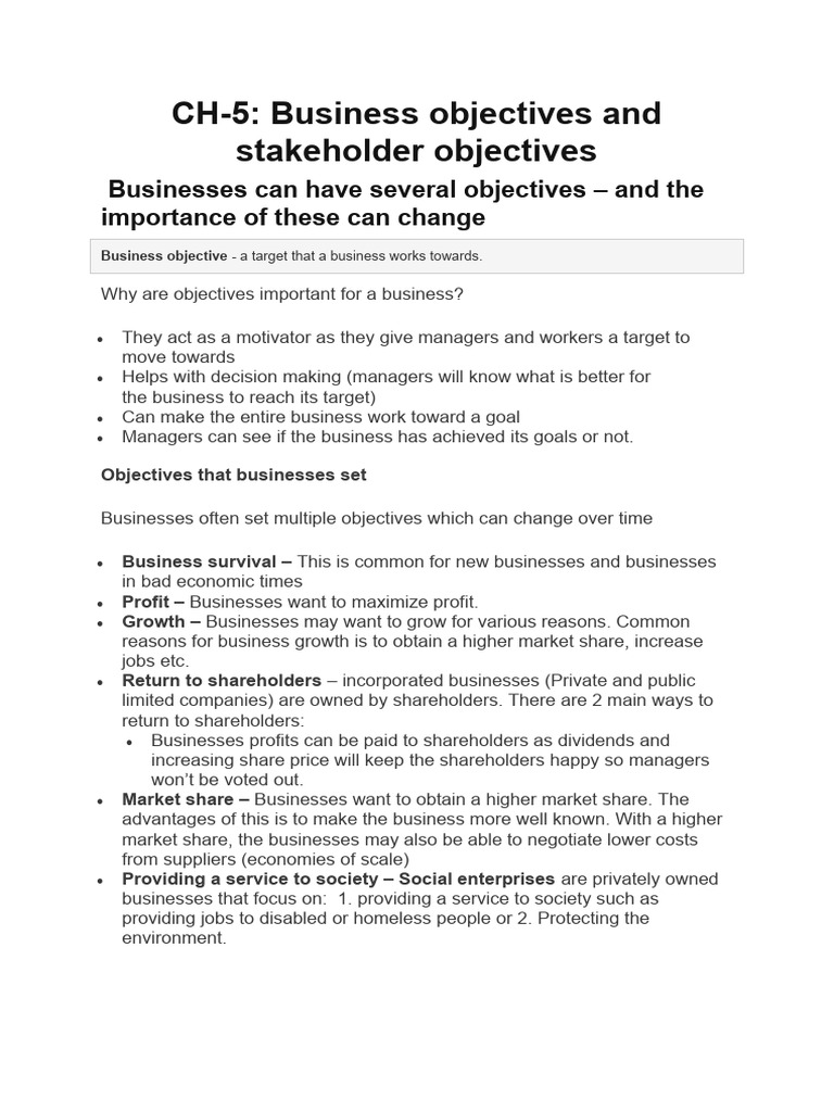 Business Objectives and Stakeholders | PDF | Employment | Business