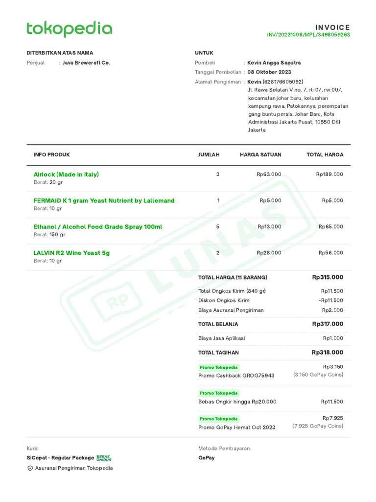 Invoice Pembelian Java Brewcraft Co. | PDF