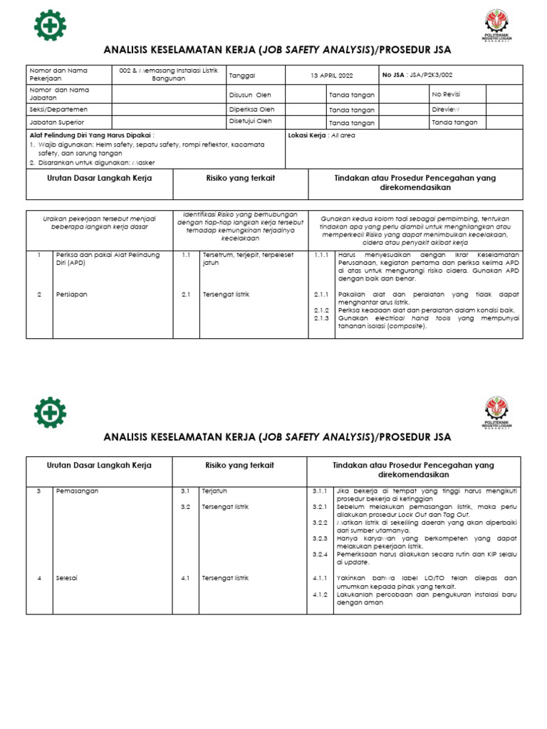Contoh 002 JSA Memasang Instalasi Listrik Bangunan | PDF