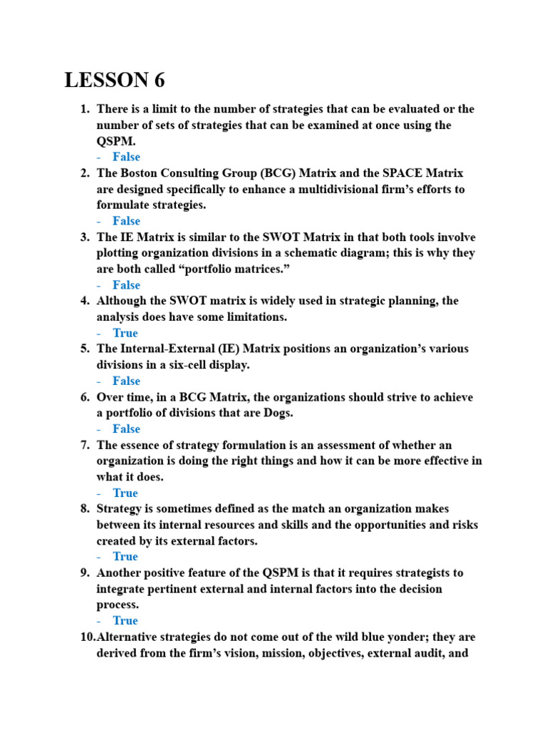 Lesson 6 Quiz | PDF | Strategic Management | Swot Analysis