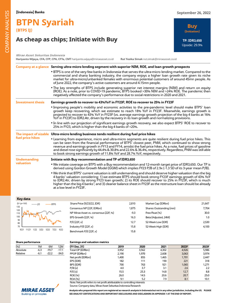 BTPS Initiation Coverage Mirae Sekuritas - 230822 - 085823 | PDF | Banks | Loans