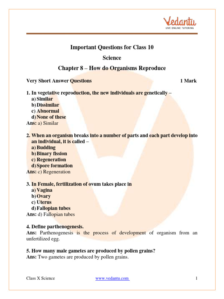 CBSE Class 10 Science Chapter 8 How Do Organisms Reproduce - Important ...