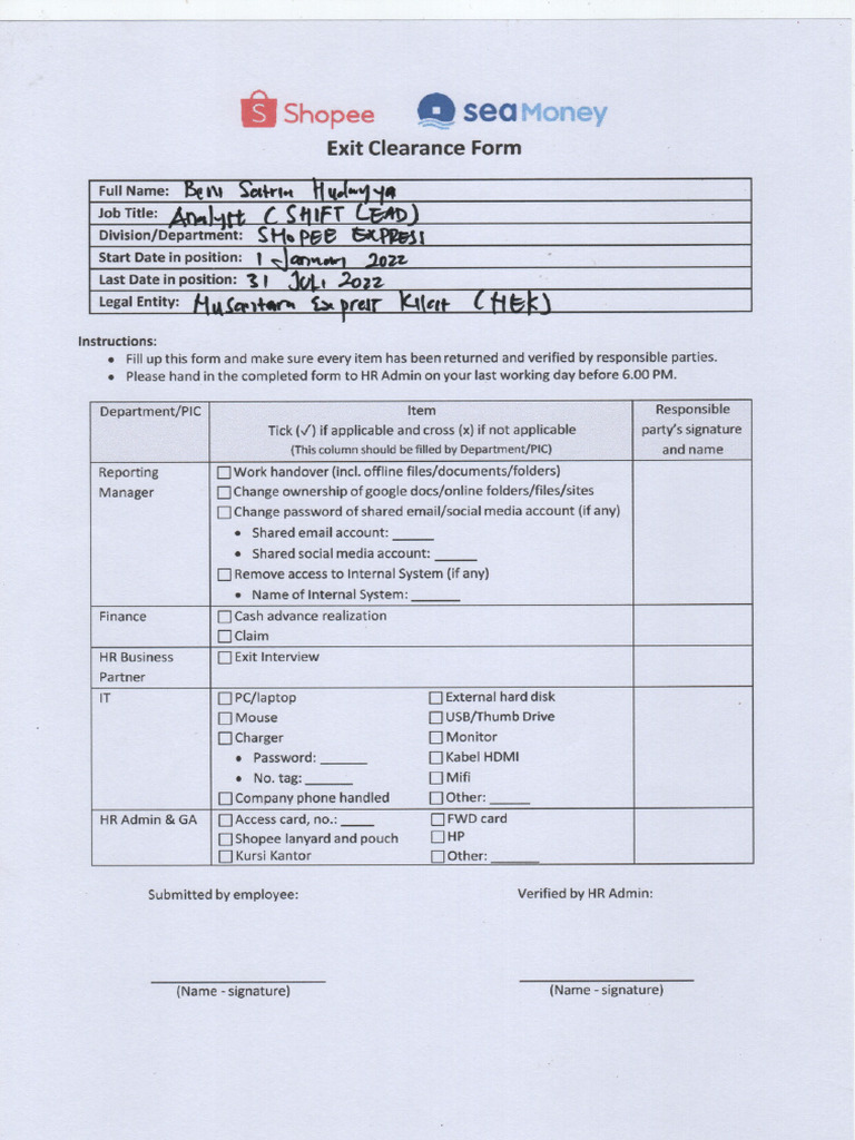 Exit Form Beni | PDF