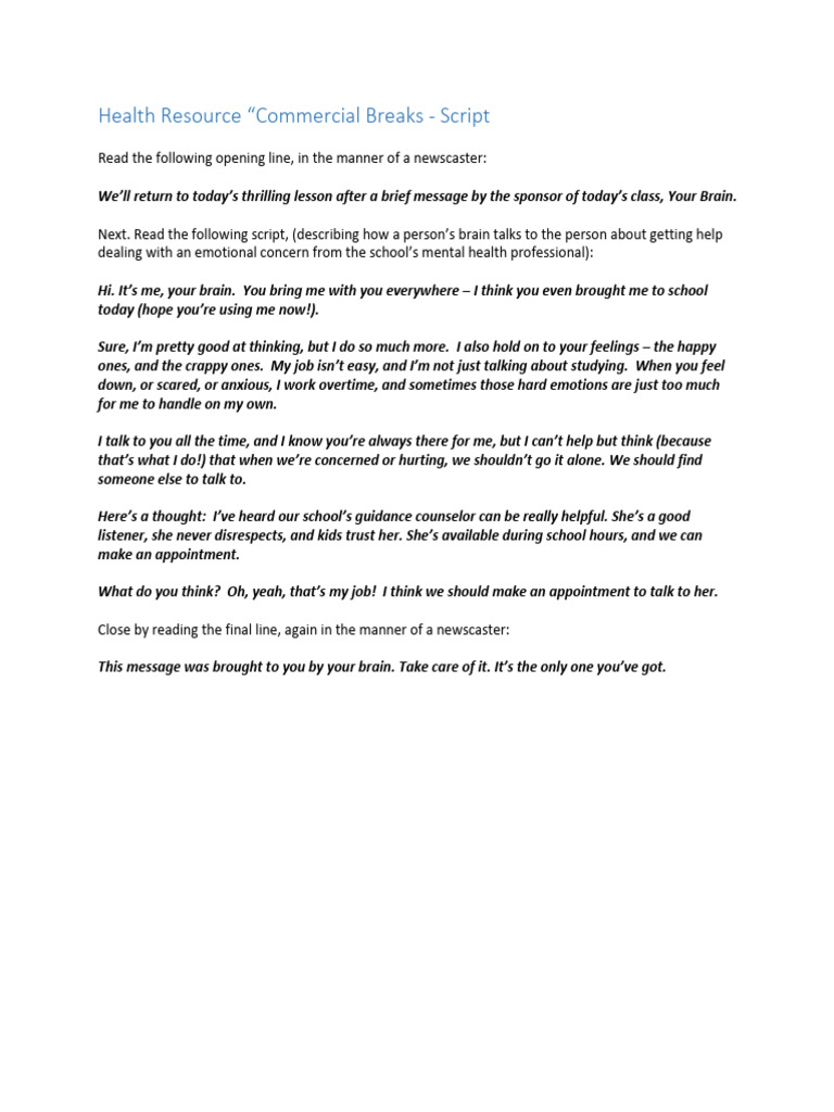 Health Resource Commercial Break Script | PDF | Self-Improvement