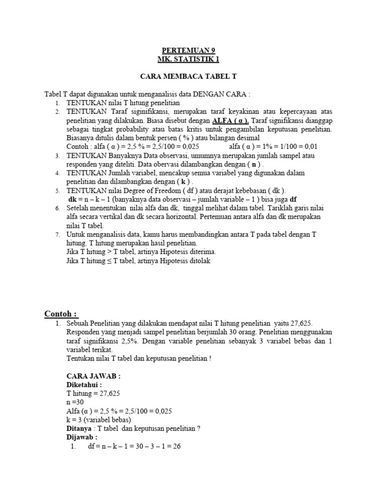 Pertemuan 9 - Nilai T Tabel | PDF