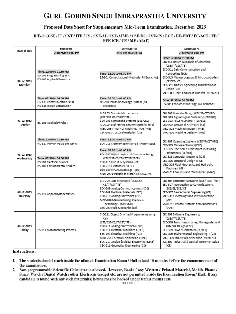IPU Supplementary Mid-Term Dates 2023 | PDF | Electrical Engineering ...