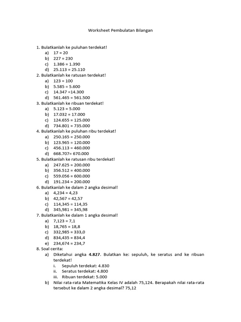 Worksheet Pembulatan Bilangan | PDF
