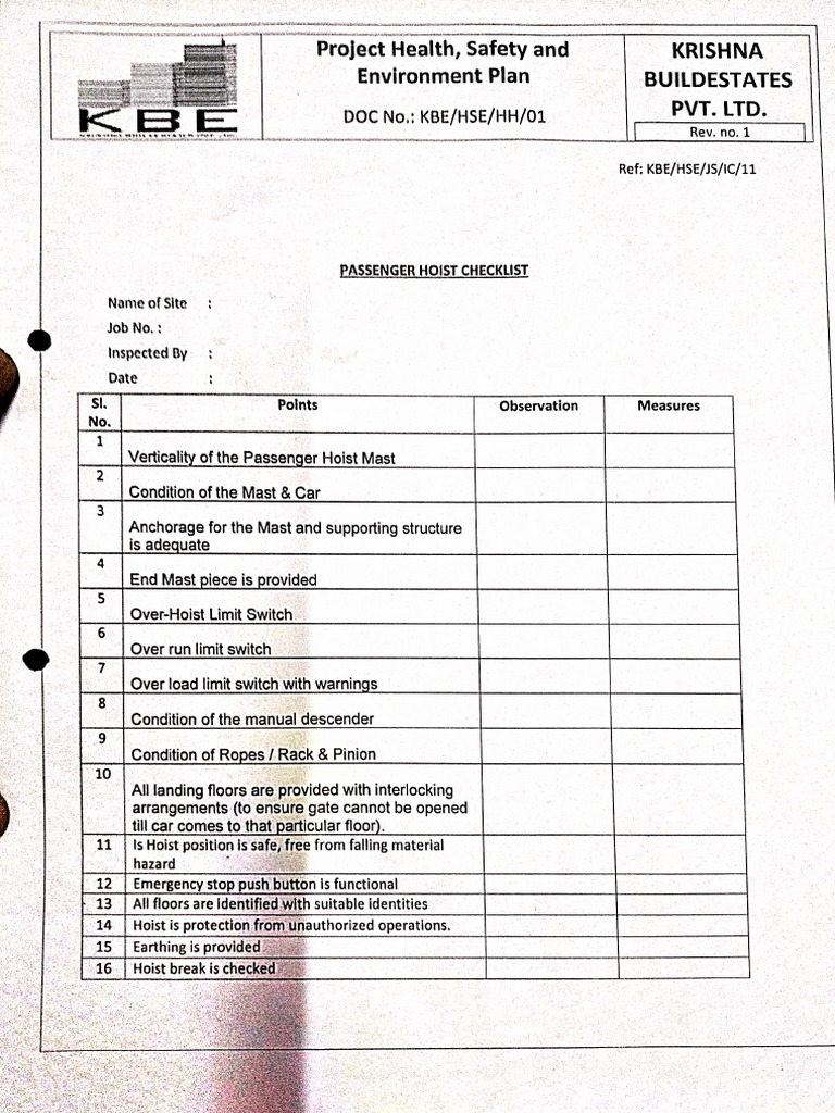 Passenger Hoist Checklist | PDF