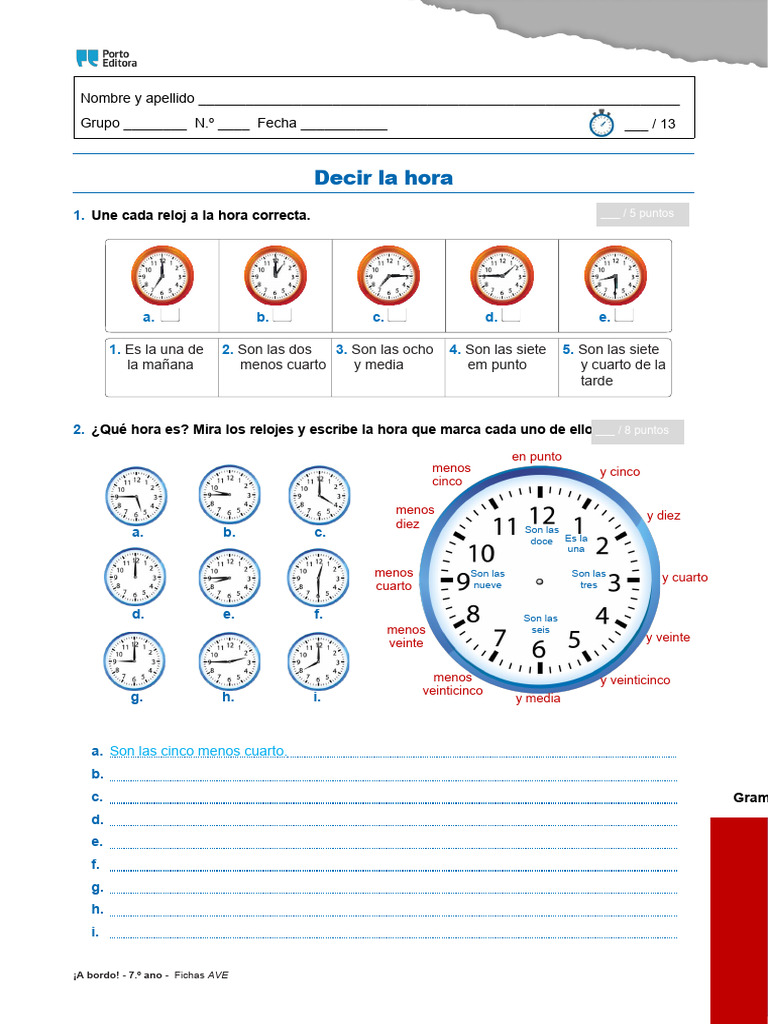 Bord7 Fichas Ave Gram 6 Decir La Hora | PDF