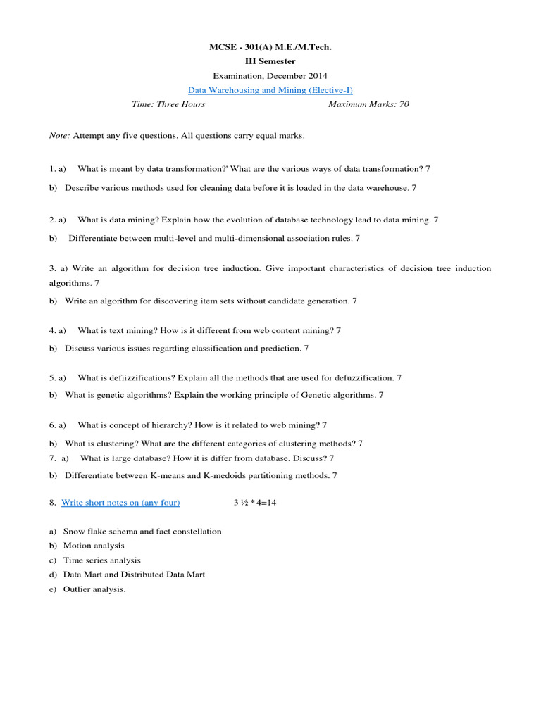 Data Warehousing & Mining Exam Questions | PDF