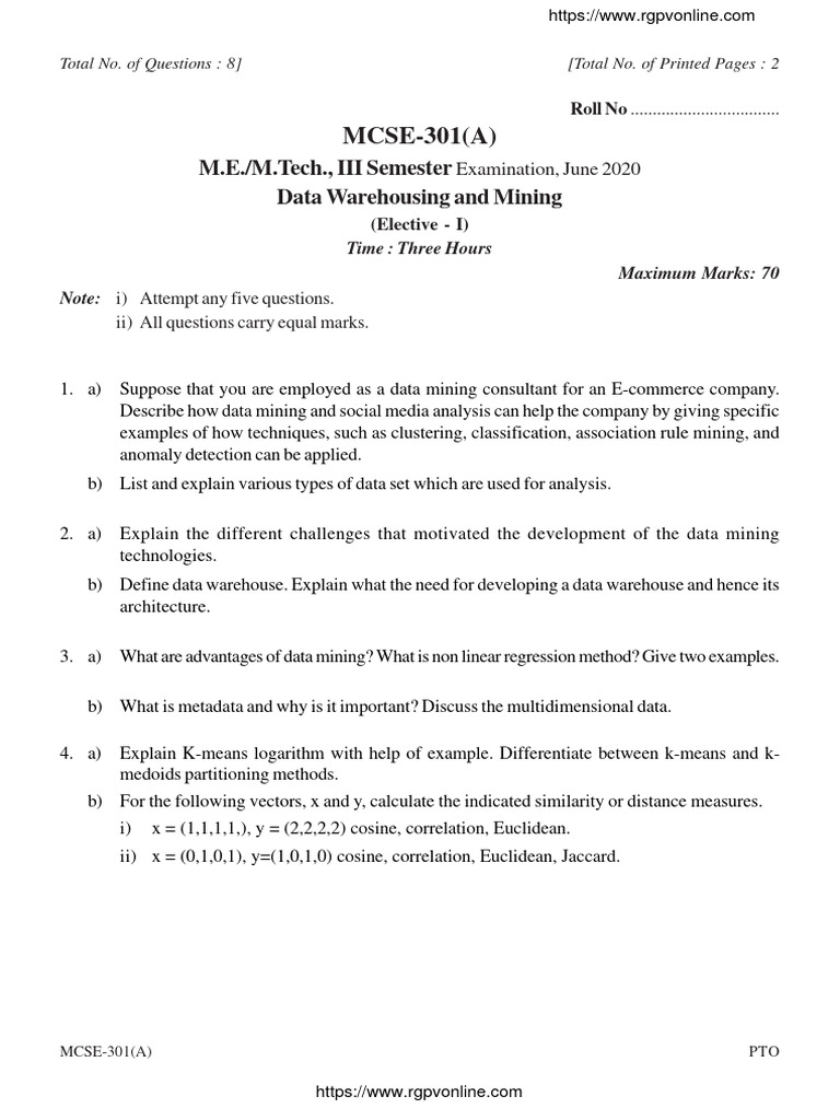 Mcse 301 A Data Warehousing and Mining Jun 2020 | PDF | Learning | Data
