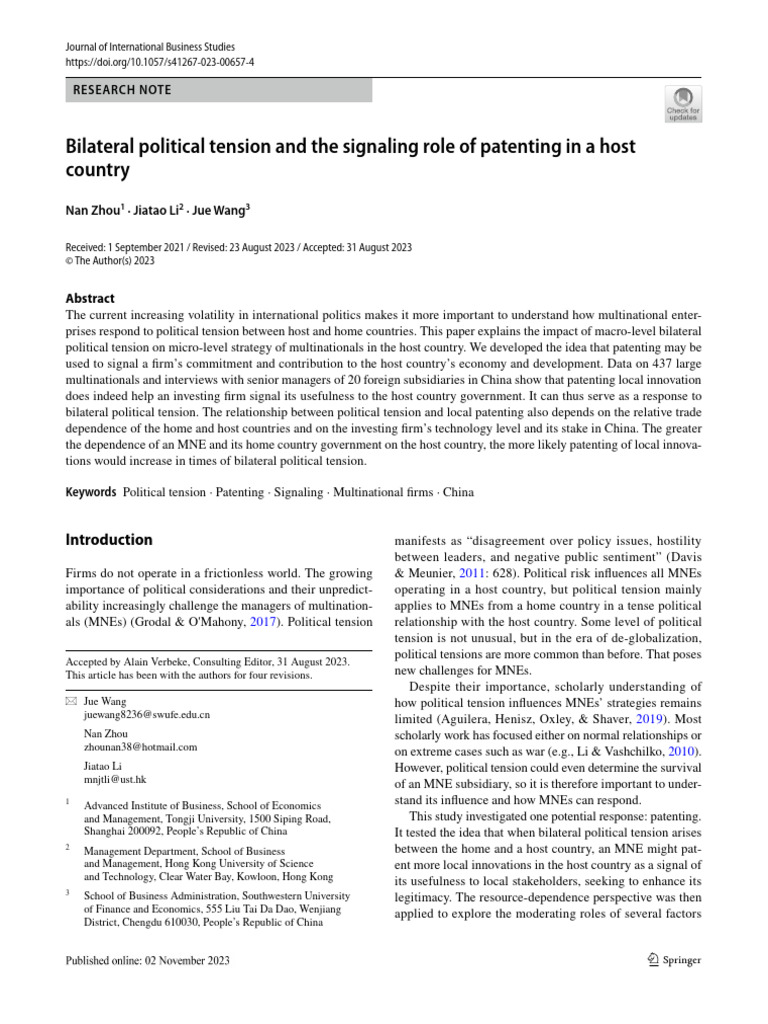 Bilateral Political Tension and The Signaling Role of Patenting in A ...