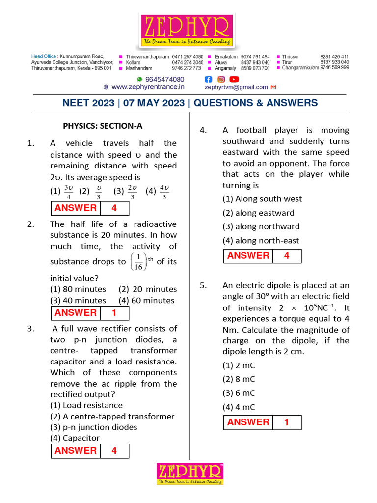 The Previous Year NEET Question Paper With The Answer Key For The Year ...